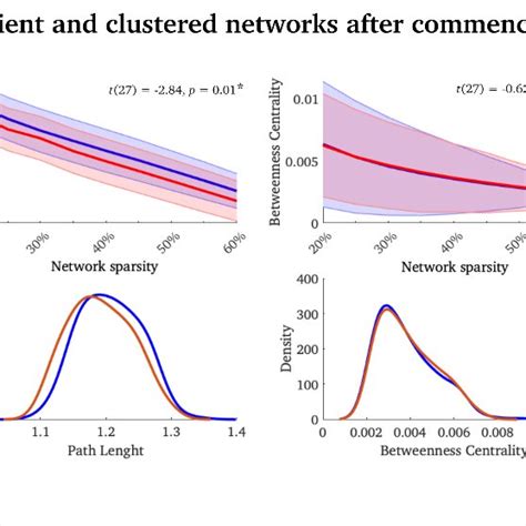network topology results averaged over all brain nodes blue lines