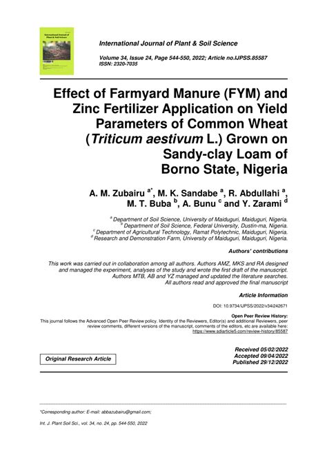 (PDF) Effect of Farmyard Manure (FYM) and Zinc Fertilizer Application on Yield Parameters of ...