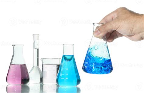 Hand Scientist Shaking Erlenmeyer Flask With Blue Liquid Isolated On