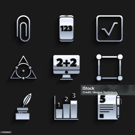 방정식 솔루션 그래프 일정 차트 다이어그램 테스트 또는 시험 시트 및 펜 기하학적 그림 사각형 깃털 잉크 병 삼각형 수학 루트 및 종이 클립 아이콘을 설정합니다 벡터 검은