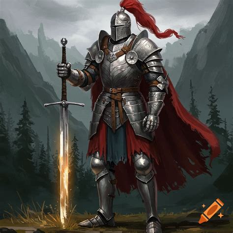 A Medieval Knight In Silver Full Plate Armour Stands In A Forest