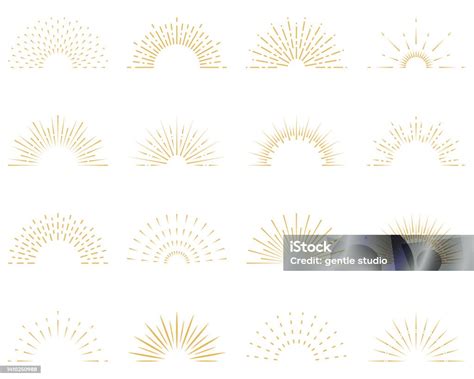 태양 버스트 라이트 하프 라인 아이콘 스타 버스트 세미 서클 선샤인 스파클 레트로 선형 픽토그램 방사형 하프 일출 레이 윤곽선 아이콘입니다 선버스트 샤인 장식 요소 격리된