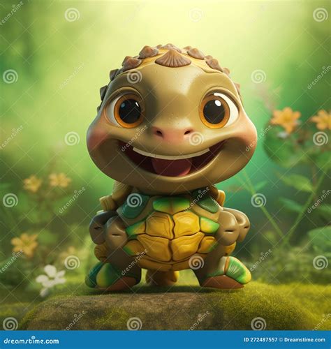 Kawaii Cute Smiling Turtle On The Grass Stock Illustration