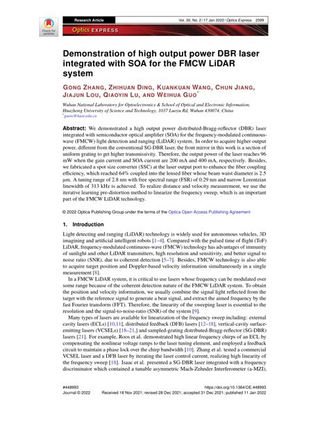 Pdf Demonstration Of High Output Power Dbr Laser Integrated With Soa For The Fmcw Lidar System