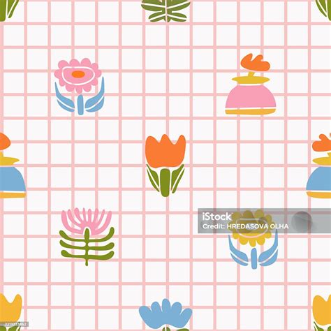 복고풍 스타일의 생생한 색상으로 완벽 한 꽃 패턴 빈티지에서 영감을 받은 배경에 기하학적인 꽃꽂이가 있어 봄을 테마로 한 프린트 텍스타일 디자인 및 자연스러운 장식 배경을