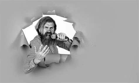 Caucasian Hipster With Beard And Stylish Hair Sing In Mic Singer Stock