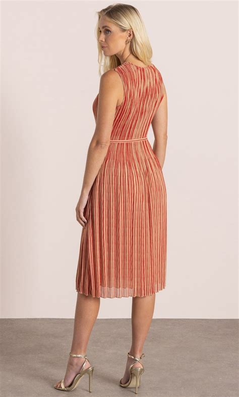 Sleeveless Striped Pleated Dress In Brown Klass