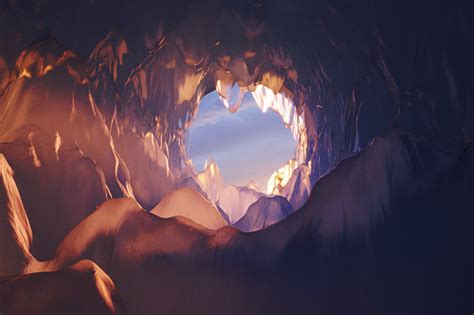 터널의 끝에 Sunligh와 함께 3d 렌더링 얼음의 동굴 결정체에 대한 스톡 사진 및 기타 이미지 결정체 동굴 구멍