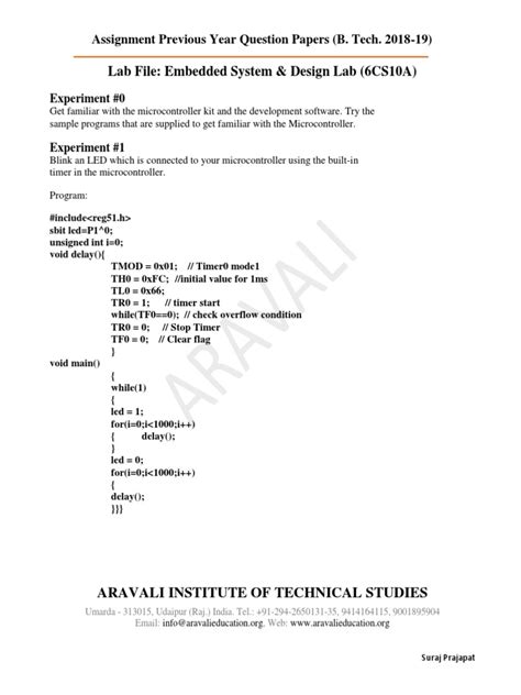 Lab File Embedded System And Design Lab 6cs10a Assignment Previous