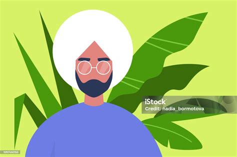 젊은 천년 캐릭터 초상화입니다 식물 잎 배경 Imdian 남자 안경입니다 평면 편집 가능한 벡터 일러스트 레이 션 클립 아트