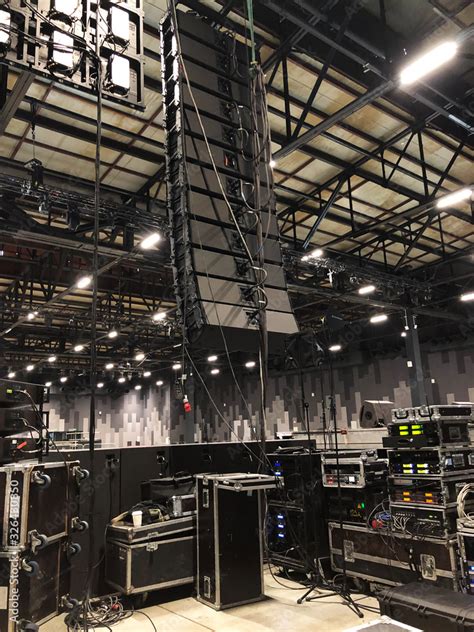 Installation Of Professional Sound Speakers Line Array And Stage Equipment For A Concert