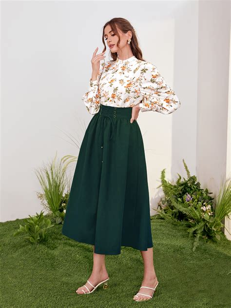 SHEIN Mulvari Conjunto Falda Con Top De Cuello Alto De Manga Farol