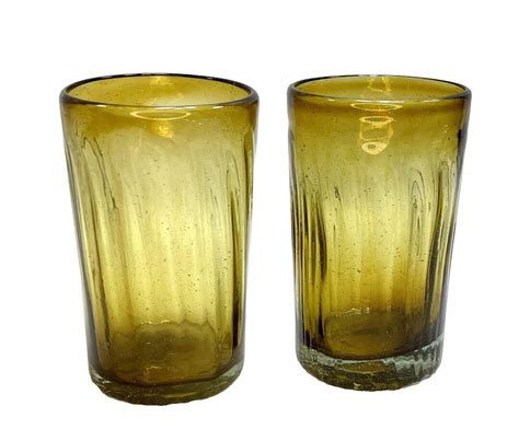 Vintage Amber Bubble Glass Blenko Tumblers Handblown Swirl Rough Pontil Set Of 2 Vintage