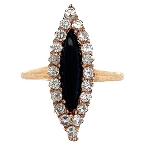 Victorian Opal And Onyx 14 Karat Yellow Gold Navette Antique Ring For