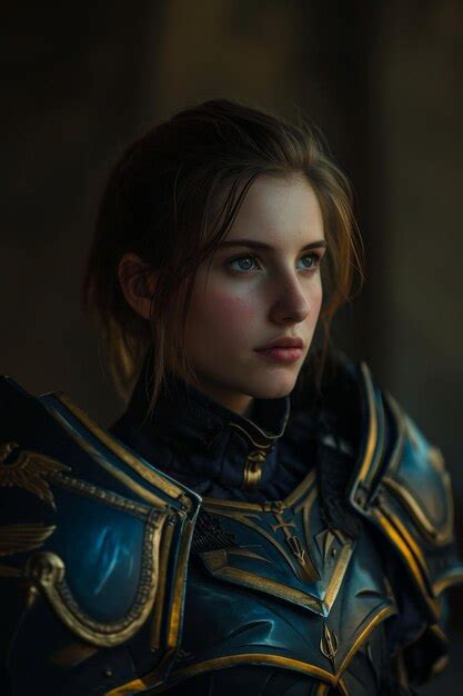 Premium Photo Young Female Warrior In Ornate Armor Looking Determined