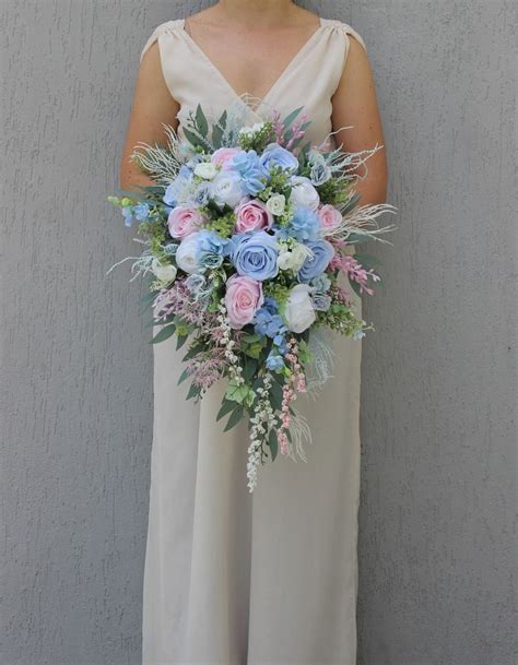 Light Blue Pink White Bouquet Cascading Wedding Bouquet Bridal