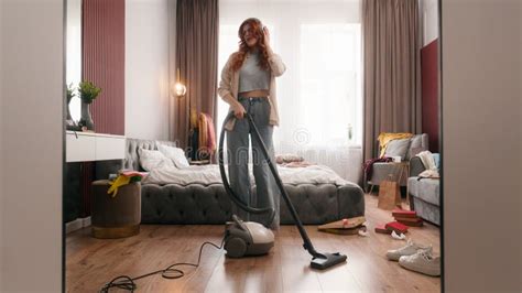 Happy Funny Caucasian Girl Ginger Woman Lady Home Cleaning Vacuum
