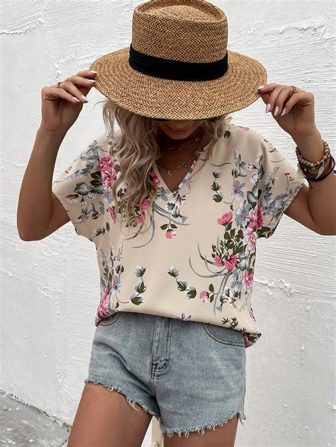 Shein Lune Floral Print Notched Neck Dolman Sleeve Blouse Shein Usa