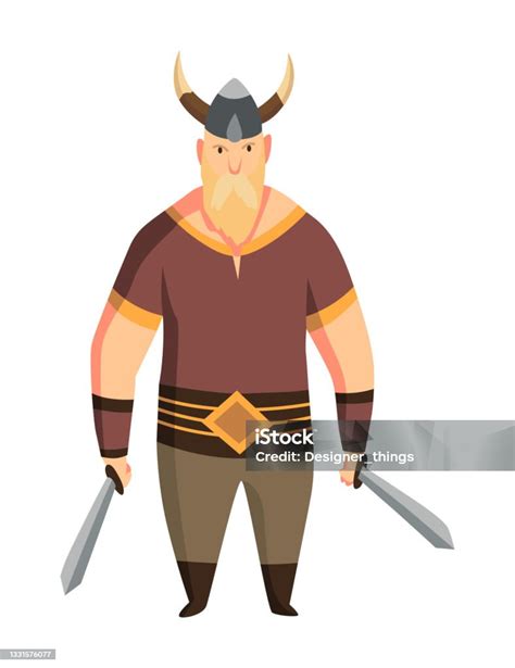 뿔이 달린 헬멧과 두 개의 칼을 가진 바이킹 남자 수염남자 전사 또는 스칸디나비아 전설의 영웅 무기를 가진 만화 야만인 역사 캐릭터 강철에 대한 스톡 벡터 아트 및 기타