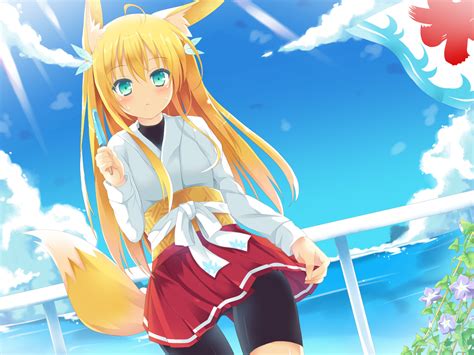 Animal Ears Blonde Hair Blush Clouds Flowers Foxgirl Green Eyes Ice