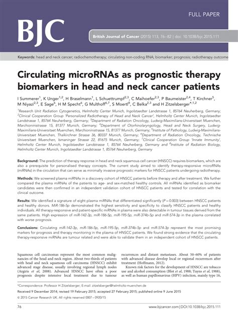Pdf Circulating Micrornas As Prognostic Therapy Biomarkers In Head