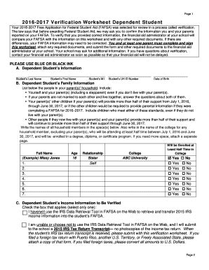 Fillable Online Hawaii 2016 2017 Verification Worksheet Dependent