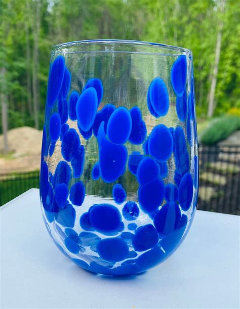 Hand Blown Glass Blue Polka Dot Stemless Wine Glass Etsy