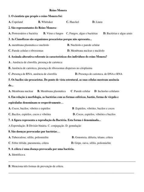 Exercicio Reino Monera Download Grátis Pdf Bactérias Célula