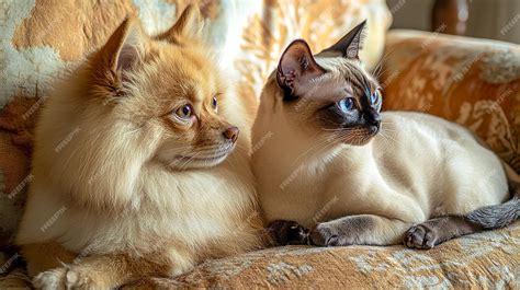 Pomeranian Sitting Close To Siamese Cat With Protective Stance