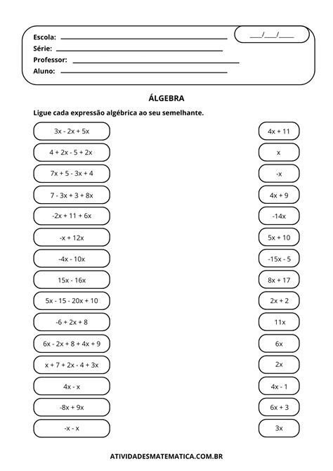 11 Atividades De Álgebra Atividades De Matemática