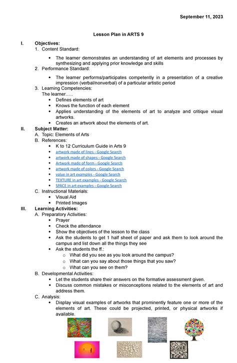 Lesson Plan In Arts 9 Elements Of Art 1 September 11 2023 Lesson Plan In Arts 9 I