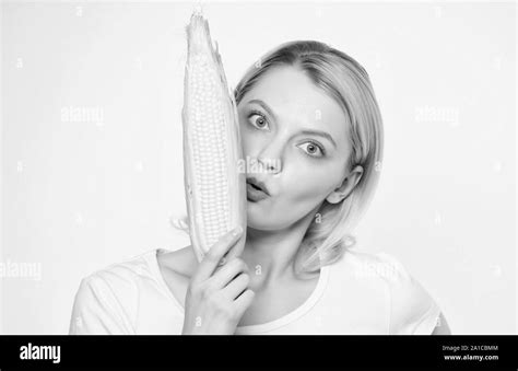 Vegetarian Menu Eat Corn Benefits Healthy Food Concept Woman Hold