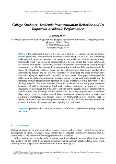 Pdf College Students Academic Procrastination Behavior And Its Impact