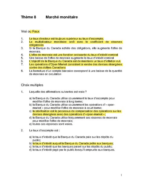 Exercices Theme 8 Notes De Cours 1 Thème 8 Marché Monétaire Vrai Ou