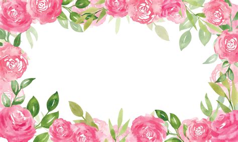 Watercolor Floral Rectangular Frame With Pink Rose Flowers And Green Leaves Hand Drawn Template