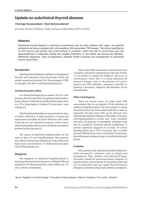 Pdf Update On Subclinical Thyroid Disease