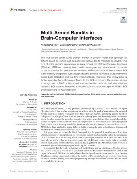 Pdf Multi Armed Bandits In Brain Computer Interfaces