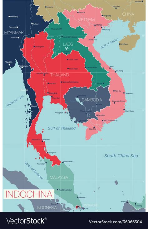 Indochina Detailed Editable Map Royalty Free Vector Image