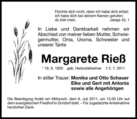 Traueranzeigen von Margarete Rieß trauer nn de