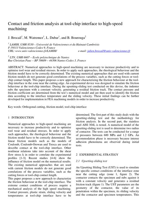 Pdf Contact And Friction Analysis At Tool Chip Interface To High