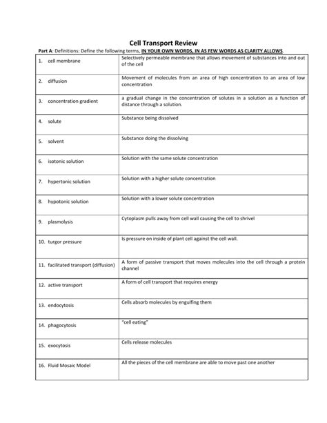Cell Transport Review Answers