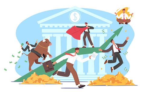 황소 주식 시장에서 거래하는 사람들 비즈니스 인 브로커 상인 캐릭터 구매 및 상승 가격에 채권을 판매 금융에 대한 스톡 벡터