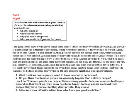 Topic 3 Đề Thi Speaking Giữa Kì Topic 3 8b P Describe Someone Who