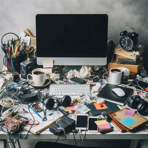 Cluttered Desk Premium Ai Generated Image