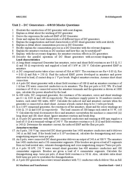 unit 2 dc generators 6 8 10 marks questions msec eee dr b
