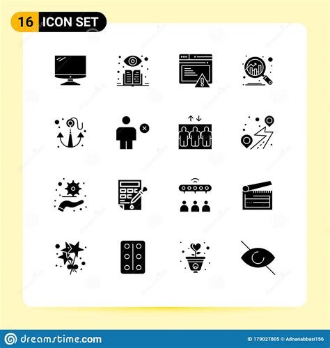 Set Of 16 Vector Solid Glyphs On Grid For Sea Anchor Seo Discover Analytics Stock Vector
