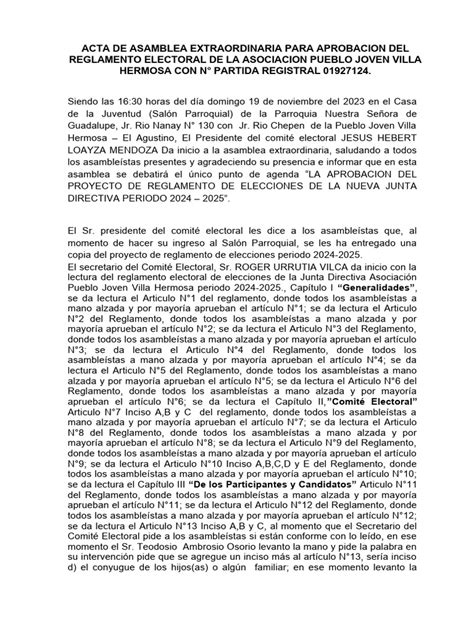 Acta De Aprobacion Reglamento Pdf Eventos Políticos Elecciones