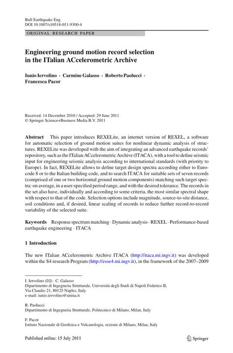 Pdf Engineering Ground Motion Record Selection In The Italian
