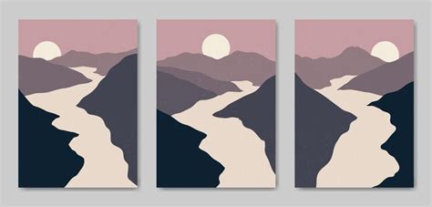 세 가지 추상 미학 중반 세기 현대 풍경 현대 Boho 포스터 템플릿 세트 프리미엄 벡터