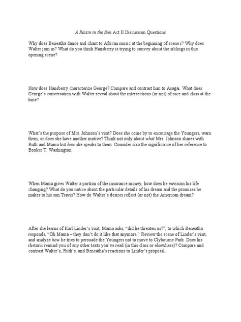A Raisin In The Sun Act 2 Discussion Questions Pdf